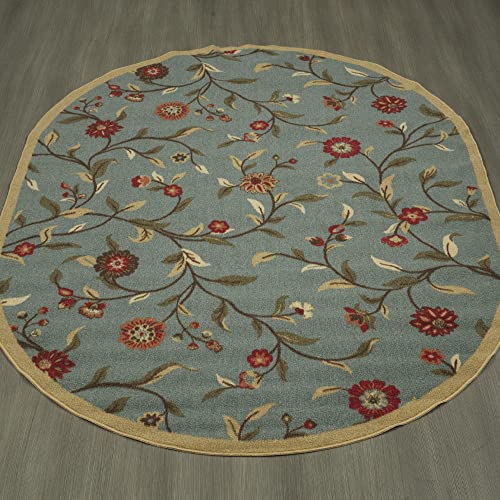 Ottomanson Ottohome Collection Non-Slip Rubberback Floral Leaves Design 5x7 Indoor Oval Area Rug, 5' x 6'6" Oval, Seafoam Green