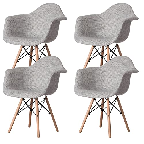 Mid-Century Modern Style Fabric Lined Armchair with Beech Wooden Legs, Grey Set 4