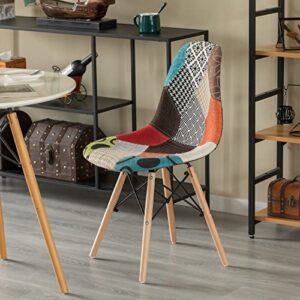 Modern Fabric Patchwork Chair with Wooden Legs for Kitchen, Dining Room, Entryway, Living Room, Set 2