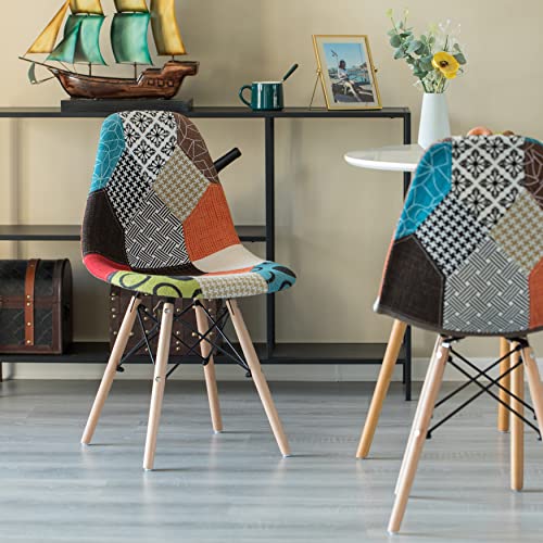 Modern Fabric Patchwork Chair with Wooden Legs for Kitchen, Dining Room, Entryway, Living Room, Set 2