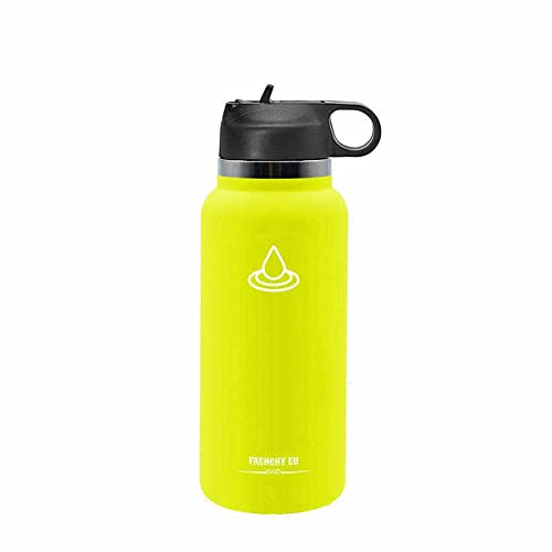 Frenchy EU Water Bottle - 32 OZ, Straw lid, Stainless Steel, Vacuum Insulated, Wide Mouth, Leak Proof, Reusable, Ecologique (Sunny)