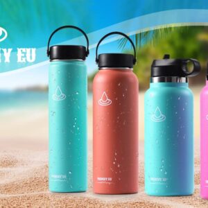 Frenchy EU Water Bottle - 32 OZ, Straw lid, Stainless Steel, Vacuum Insulated, Wide Mouth, Leak Proof, Reusable, Ecologique (Sunny)