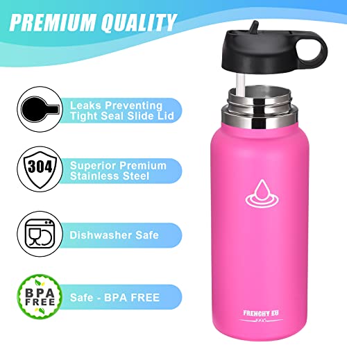 Frenchy EU Water Bottle - 32 OZ, Straw lid, Stainless Steel, Vacuum Insulated, Wide Mouth, Leak Proof, Reusable, Ecologique (Sunny)