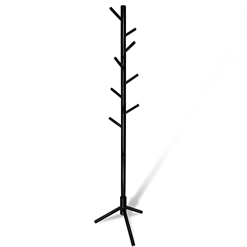 YEVONNIE Solid Wood Coat Rack, Free Standing Coat Rack, Tree-Shaped Coat Rack with 8 Hooks,3 Adjustable Size,for Clothes, Hats, Bags, for Living Room, Bedroom, Home Office,(6183black)