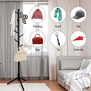 YEVONNIE Solid Wood Coat Rack, Free Standing Coat Rack, Tree-Shaped Coat Rack with 8 Hooks,3 Adjustable Size,for Clothes, Hats, Bags, for Living Room, Bedroom, Home Office,(6183black)