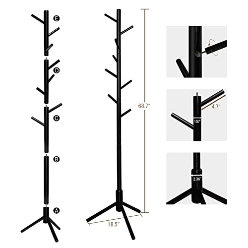 YEVONNIE Solid Wood Coat Rack, Free Standing Coat Rack, Tree-Shaped Coat Rack with 8 Hooks,3 Adjustable Size,for Clothes, Hats, Bags, for Living Room, Bedroom, Home Office,(6183black)