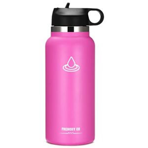 frenchy eu sports water bottle - 32 oz, lids (straw lid) stainless steel, vacuum insulated, wide mouth, leak proof, reusable, ecologique (carnation)