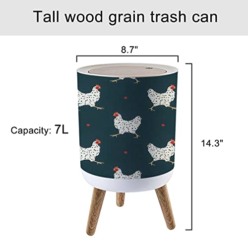 Small Trash Can with Lid Seamless with hens Stylized Chicken Print Packaging Paper Fabric Round Recycle Bin Press Top Dog Proof Wastebasket for Kitchen Bathroom Bedroom Office 7L/1.8 Gallon