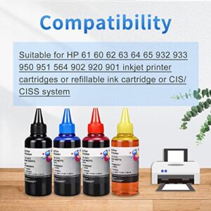 AYMSous Ink Refill Kit for HP 60 61 63 64 65 902 932 952 950 951 564 Refillable Ink Cartridge for HP Envy 4500 4520 5643 OfficeJet 6500a 6500 6000(4x100ML 1 Black, 1 Cyan. 1 Magenta, 1 Yellow)