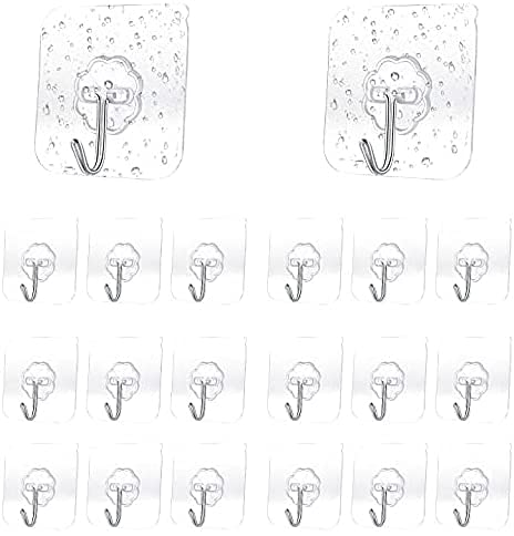 Angyues Adhesive Wall Hooks , Transparent Practical Wall Hook Coat Hooks,20 Pieces Waterproof Oilproof Bathroom and Kitchen Heavy Duty Adhesive Hooks, Ceiling Hooks for Hanging Plants13 Pounds (Max)