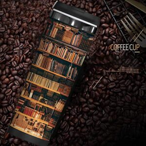 WONDERTIFY Library Coffee Cup Book Case Bookshelf Bookworm Decor Coffee Mug Stainless Steel Bottle Double Walled Thermo Travel Water Metal Canteen