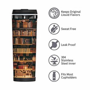 WONDERTIFY Library Coffee Cup Book Case Bookshelf Bookworm Decor Coffee Mug Stainless Steel Bottle Double Walled Thermo Travel Water Metal Canteen