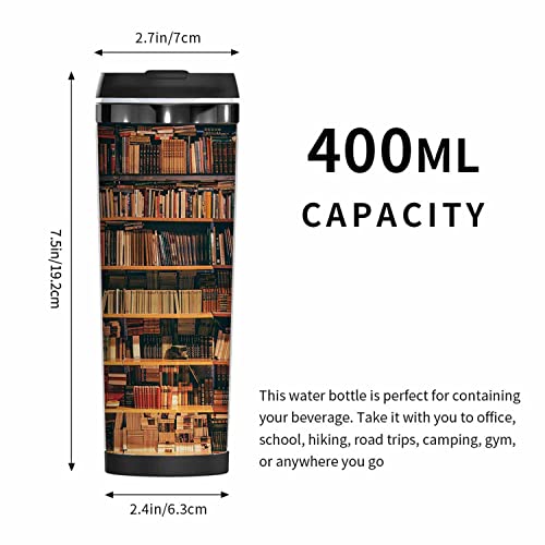 WONDERTIFY Library Coffee Cup Book Case Bookshelf Bookworm Decor Coffee Mug Stainless Steel Bottle Double Walled Thermo Travel Water Metal Canteen