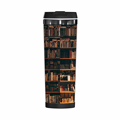 WONDERTIFY Library Coffee Cup Book Case Bookshelf Bookworm Decor Coffee Mug Stainless Steel Bottle Double Walled Thermo Travel Water Metal Canteen