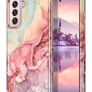 Btscase for Samsung S21 FE 5G 2022 Case, Marble Pattern 3 in 1 Heavy Duty Shockproof Full Body Rugged Hard PC+Soft Silicone Drop Protective Women Girl Cover for Samsung Galaxy S21 FE 5G, Rose Gold