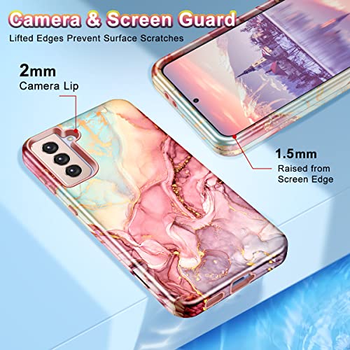 Btscase for Samsung S21 FE 5G 2022 Case, Marble Pattern 3 in 1 Heavy Duty Shockproof Full Body Rugged Hard PC+Soft Silicone Drop Protective Women Girl Cover for Samsung Galaxy S21 FE 5G, Rose Gold