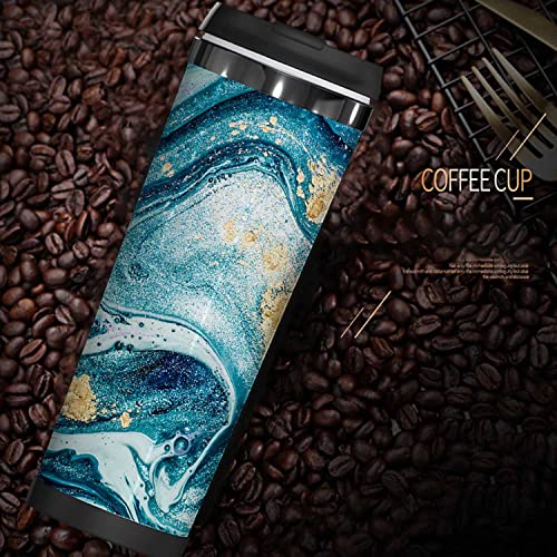 WONDERTIFY Ocean Marble Ripples Agate Coffee Cup Blue Paint Gold Powder Coffee Mug Stainless Steel Bottle Double Walled Thermo Travel Water Metal Canteen