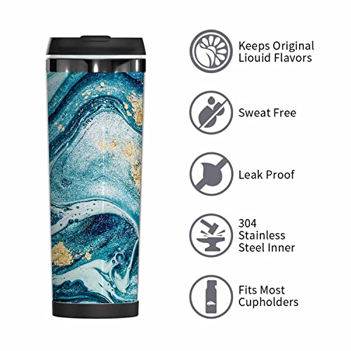 WONDERTIFY Ocean Marble Ripples Agate Coffee Cup Blue Paint Gold Powder Coffee Mug Stainless Steel Bottle Double Walled Thermo Travel Water Metal Canteen