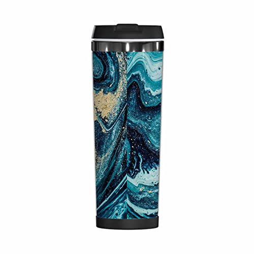 WONDERTIFY Ocean Marble Ripples Agate Coffee Cup Blue Paint Gold Powder Coffee Mug Stainless Steel Bottle Double Walled Thermo Travel Water Metal Canteen