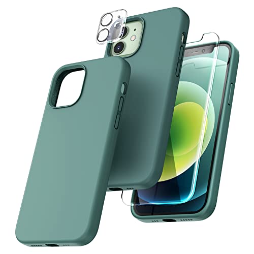 TOCOL [5 in 1 for iPhone 12, for iPhone 12 Pro Case, with 2 Pack Screen Protector + 2 Pack Camera Lens Protector, Silicone Shockproof Phone Case [Anti-Scratch] [Drop Protection], Midnight Green