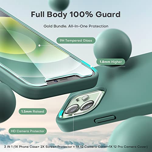 TOCOL [5 in 1 for iPhone 12, for iPhone 12 Pro Case, with 2 Pack Screen Protector + 2 Pack Camera Lens Protector, Silicone Shockproof Phone Case [Anti-Scratch] [Drop Protection], Midnight Green