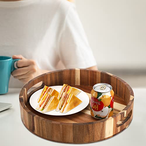 Elsjoy 13 Inch Round Wooden Serving Tray, Acacia Wood Tray Decorative Ottoman Tray with Handles, Acacia Serving Tray for Ottoman, Breakfast, Raised Edge