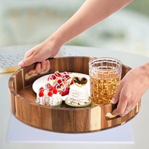 Elsjoy 13 Inch Round Wooden Serving Tray, Acacia Wood Tray Decorative Ottoman Tray with Handles, Acacia Serving Tray for Ottoman, Breakfast, Raised Edge