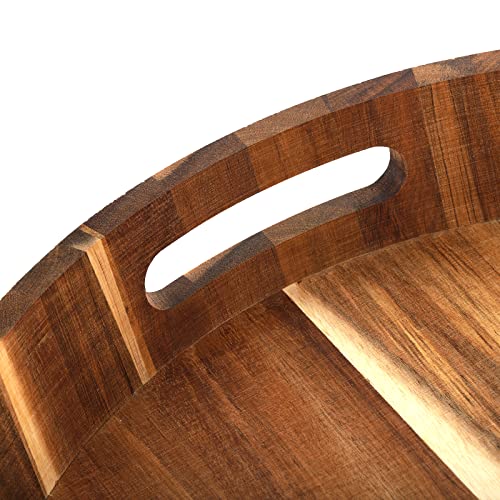 Elsjoy 13 Inch Round Wooden Serving Tray, Acacia Wood Tray Decorative Ottoman Tray with Handles, Acacia Serving Tray for Ottoman, Breakfast, Raised Edge