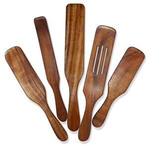 everquein spurtles kitchen tools wooden 5pcs cooking utensils set as seen on tv, natural premium acacia wood spatula slotted spoon, friendly for non-stick cookware, serving (wood)