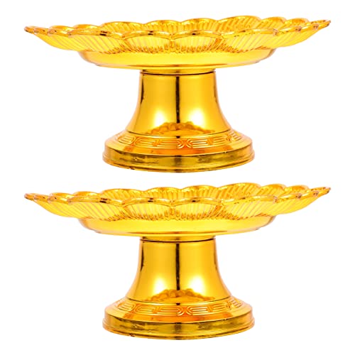 Veemoon 2Pcs Common Temple Offerings Bowl Multi- Food Trays Versatile Plates Plate Dessert Snack Dish for Buddha Altar Supplies Rituals Smudging Decor (Golden)