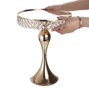 BSTKEY 12 Inch Wedding Metal Cake Display Stand with Mirror Top Plate, Gold Cupcake Stand with Crystal Beads Decor Pedestal, Dessert Stand for Parties Birthday Baking Party Supplies Centerpiece, Round