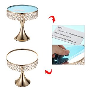 BSTKEY 12 Inch Wedding Metal Cake Display Stand with Mirror Top Plate, Gold Cupcake Stand with Crystal Beads Decor Pedestal, Dessert Stand for Parties Birthday Baking Party Supplies Centerpiece, Round