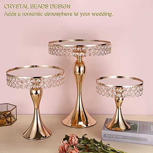 BSTKEY 12 Inch Wedding Metal Cake Display Stand with Mirror Top Plate, Gold Cupcake Stand with Crystal Beads Decor Pedestal, Dessert Stand for Parties Birthday Baking Party Supplies Centerpiece, Round