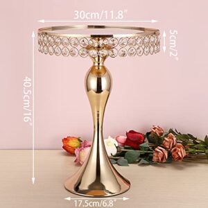 BSTKEY 12 Inch Wedding Metal Cake Display Stand with Mirror Top Plate, Gold Cupcake Stand with Crystal Beads Decor Pedestal, Dessert Stand for Parties Birthday Baking Party Supplies Centerpiece, Round