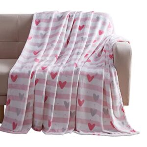 VCNY Valentine Soft Throw Blanket: Stripes and Hearts, Grey Pink Black White, Accent for Couch Sofa Chair Bed or Dorm (Design 5)