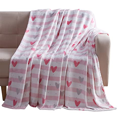 VCNY Valentine Soft Throw Blanket: Stripes and Hearts, Grey Pink Black White, Accent for Couch Sofa Chair Bed or Dorm (Design 5)