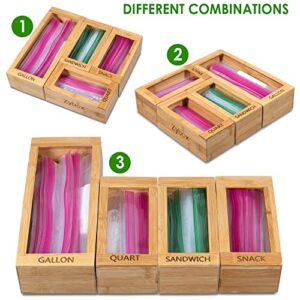 FVLFIL Bamboo Ziplock Bag Organizer for Kitchen Drawer 4 piece Organizers and Storage Dispenser Food Storage Plastic Bag Holder for Gallon, Quart, Sandwich and Snack Size Baggie