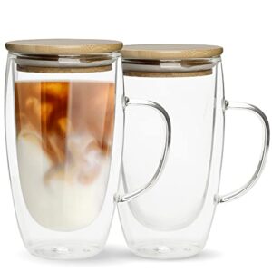 double walled glass coffee mugs by chef"s unique insulated coffee mugs with handle and bamboo lid, clear glass cups for coffee tea latte cappuccino espresso 16 oz (set of 2)