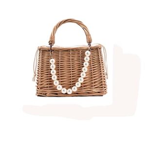 ZHYLing Handmade Woven Purse Wicker Beach Handbag Fashion Women Pure Color Rattan Woven Pearl Basket Handbag Mini Tote Lunch Bags (Color : 9)