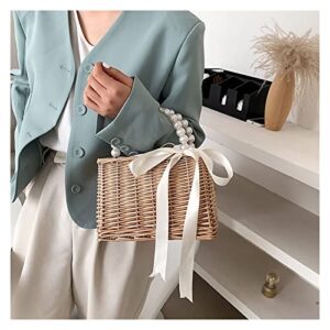 ZHYLing Handmade Woven Purse Wicker Beach Handbag Fashion Women Pure Color Rattan Woven Pearl Basket Handbag Mini Tote Lunch Bags (Color : 9)