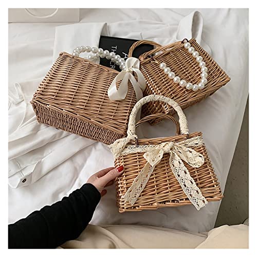 ZHYLing Handmade Woven Purse Wicker Beach Handbag Fashion Women Pure Color Rattan Woven Pearl Basket Handbag Mini Tote Lunch Bags (Color : 9)