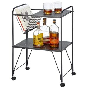 mDesign Steel 2-Tier Rolling Utility Cart with Wire Storage Basket, Metal Frame Stand with Fully Rotating Wheels for Kitchen, Living Room, Office, Garage, Laundry Room, or Bedroom - Matte Black