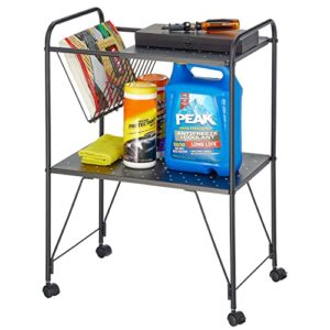 mDesign Steel 2-Tier Rolling Utility Cart with Wire Storage Basket, Metal Frame Stand with Fully Rotating Wheels for Kitchen, Living Room, Office, Garage, Laundry Room, or Bedroom - Matte Black