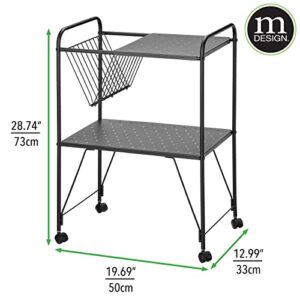 mDesign Steel 2-Tier Rolling Utility Cart with Wire Storage Basket, Metal Frame Stand with Fully Rotating Wheels for Kitchen, Living Room, Office, Garage, Laundry Room, or Bedroom - Matte Black