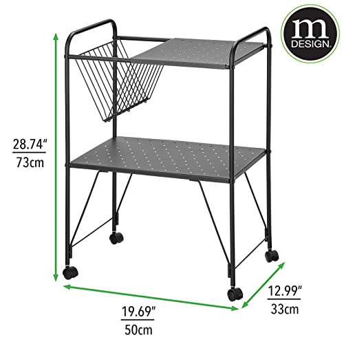 mDesign Steel 2-Tier Rolling Utility Cart with Wire Storage Basket, Metal Frame Stand with Fully Rotating Wheels for Kitchen, Living Room, Office, Garage, Laundry Room, or Bedroom - Matte Black