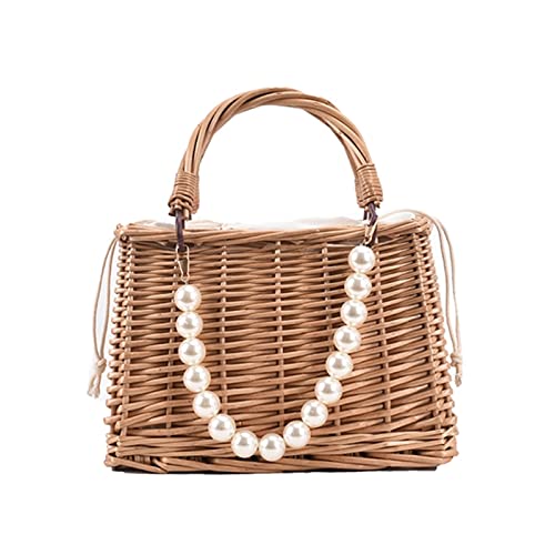 ZHYLing Handmade Woven Purse Wicker Beach Handbag Fashion Women Pure Color Rattan Woven Pearl Basket Handbag Mini Tote Lunch Bags (Color : 1)