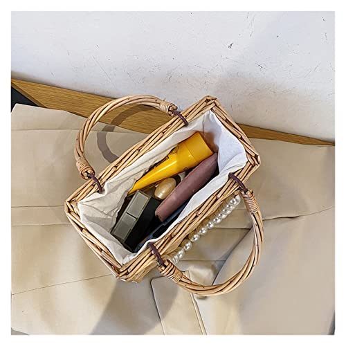 ZHYLing Handmade Woven Purse Wicker Beach Handbag Fashion Women Pure Color Rattan Woven Pearl Basket Handbag Mini Tote Lunch Bags (Color : 1)