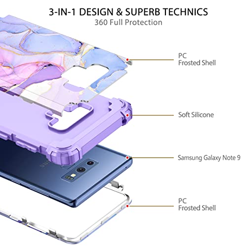 Hekodonk for Galaxy Note 9 Case, Heavy Duty Shockproof Protection Hard Plastic+Silicone Rubber Hybrid Protective Case for Samsung Galaxy Note 9 Purple Marble