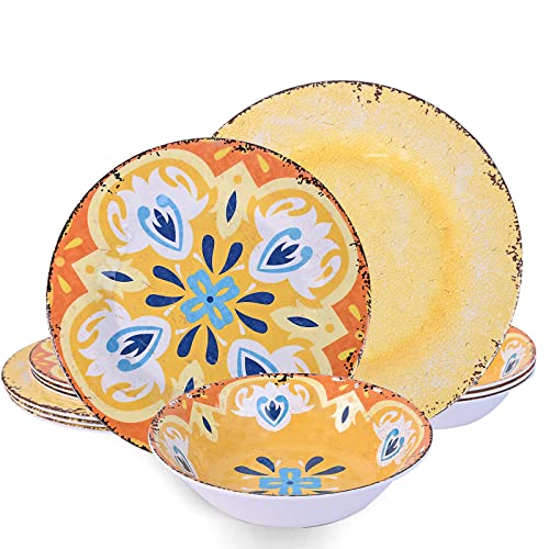 12 Piece Melamine Dinnerware Sets Service for 4 - Includes 4 Dinner Plates 4 Salad Plates and 4 Bowls Made of A5 Melamine Use at Home & Outdoor Dining, Picnic, Camping and Rvs - Mayan Style Yellow