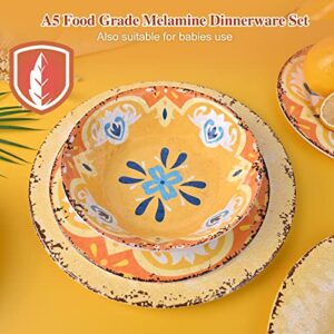 12 Piece Melamine Dinnerware Sets Service for 4 - Includes 4 Dinner Plates 4 Salad Plates and 4 Bowls Made of A5 Melamine Use at Home & Outdoor Dining, Picnic, Camping and Rvs - Mayan Style Yellow